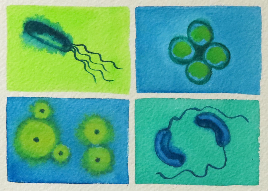 Blue and Green Bacteria - original watercolor painting - microbe ...