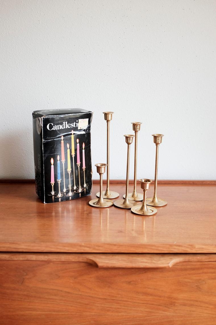 Vintage Brass tulip graduated candle holders // Set of 6 With Box ...