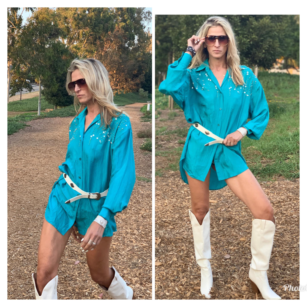 80s Silk Space Cowgirl Rhinestone Blouse oversize dress | Sweeties ...