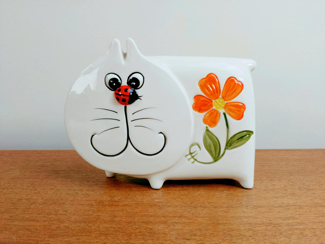 Vintage Toscany Cat Kitty Ceramic Coin Bank | Labybug Flower | Flat ...