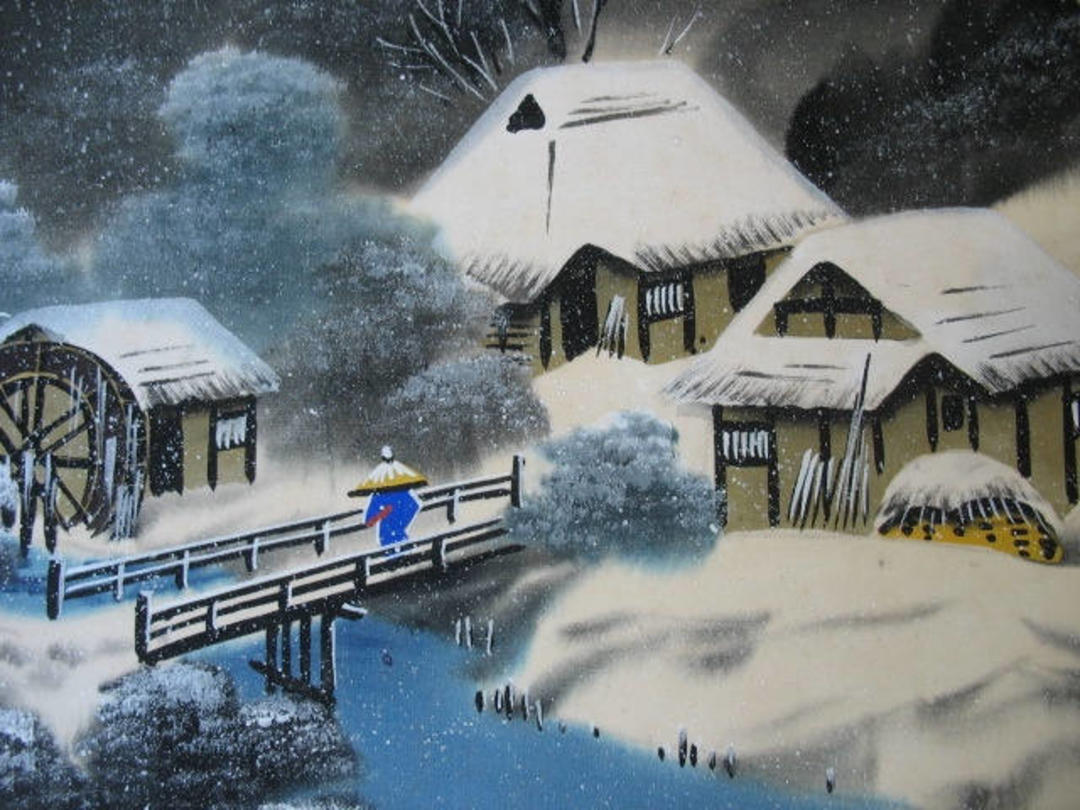 Vintage Asian Silk Painting Japanese Winter Snow Scene Japan Landscape ...