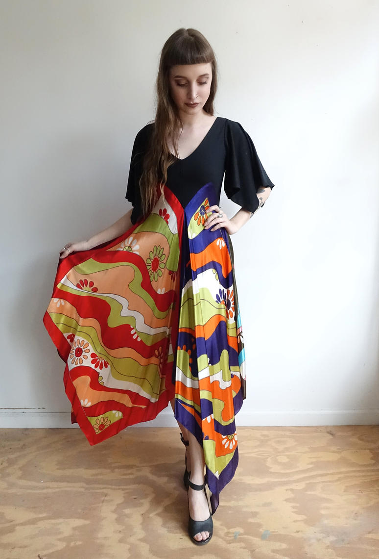 Vintage 70s Scarf Dress/ 1970s Psychedelic Floral Printed Colorful ...