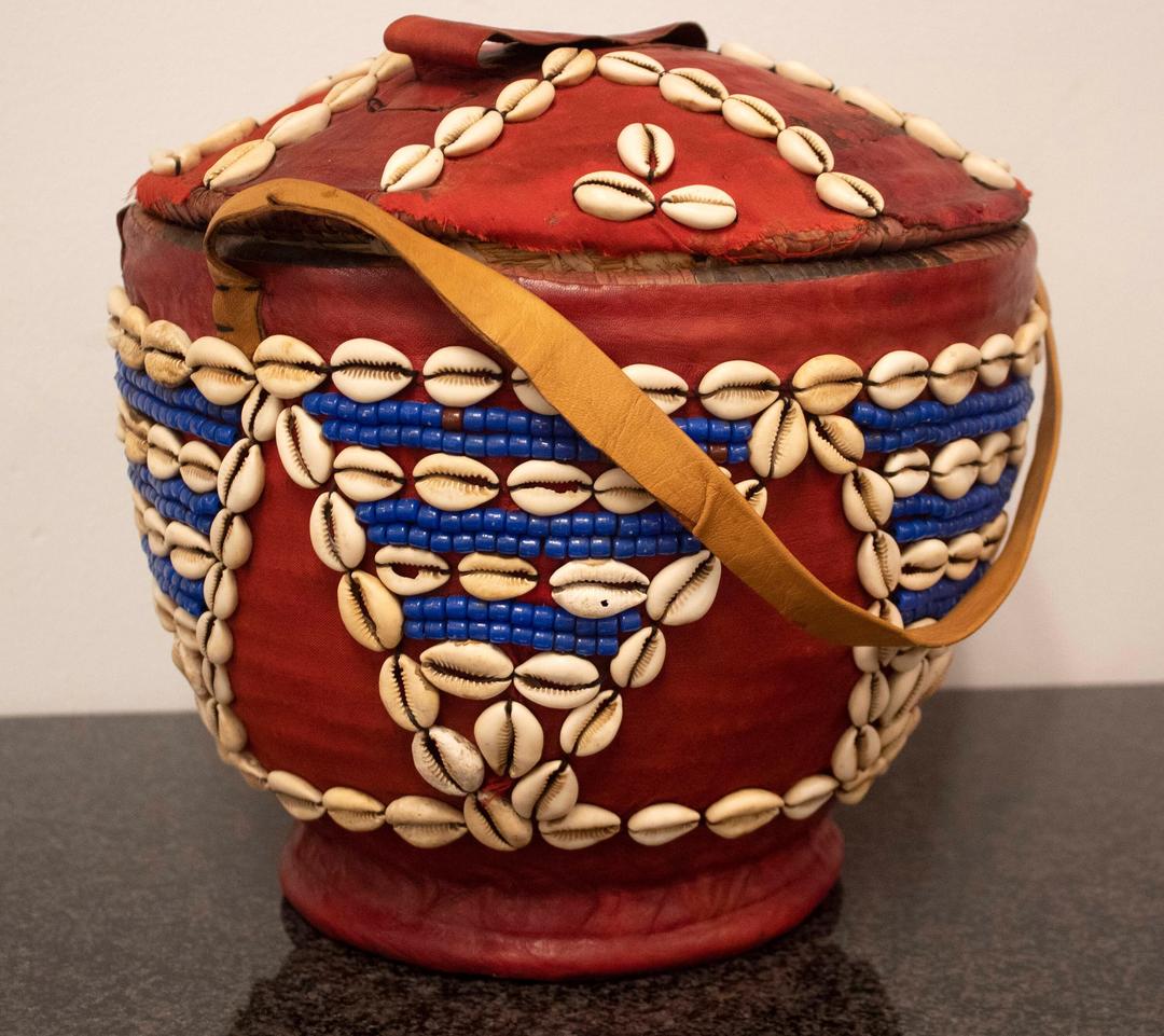 Vintage African Nigerian Leather Beaded Cowrie Shell Woven Table ...