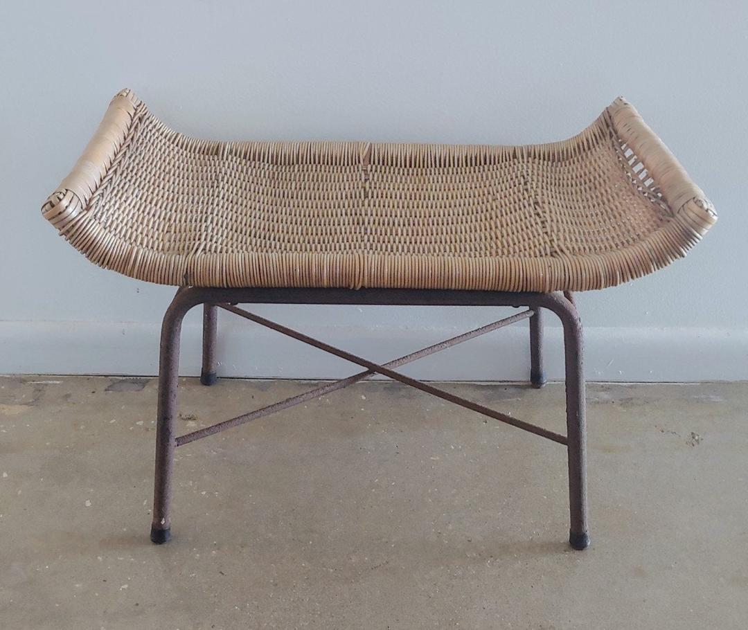 Vintage Modern Wicker and Wrought Iron Foot Stool Bench | Mod and Ozzie ...
