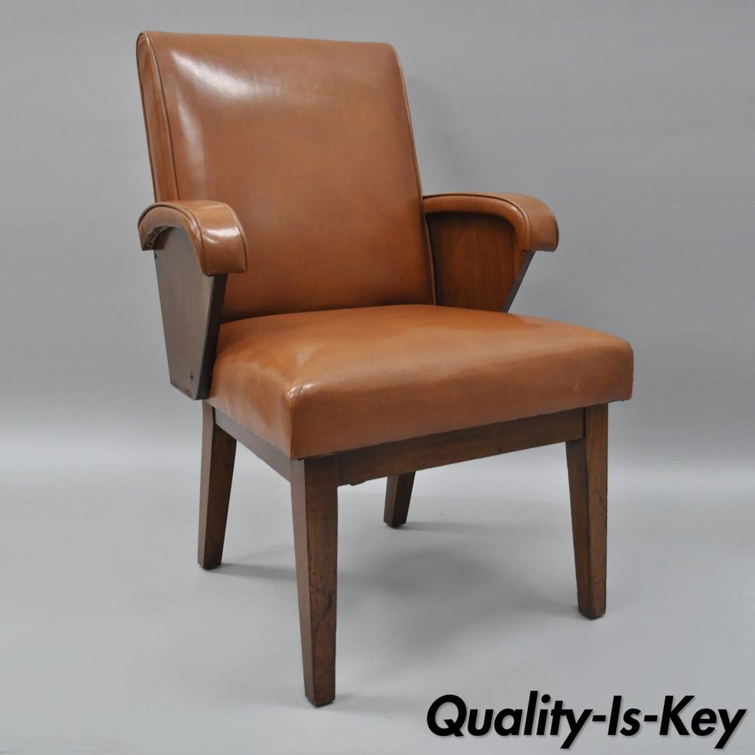 Vintage Walnut Brown Vinyl Office Desk Chair Armchair Sculptural W ...