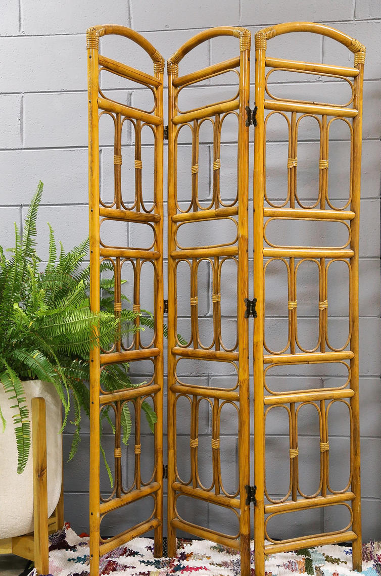 Rattan Dressing Screen Three Panel Bamboo Folding Screen Bohemian Decor ...