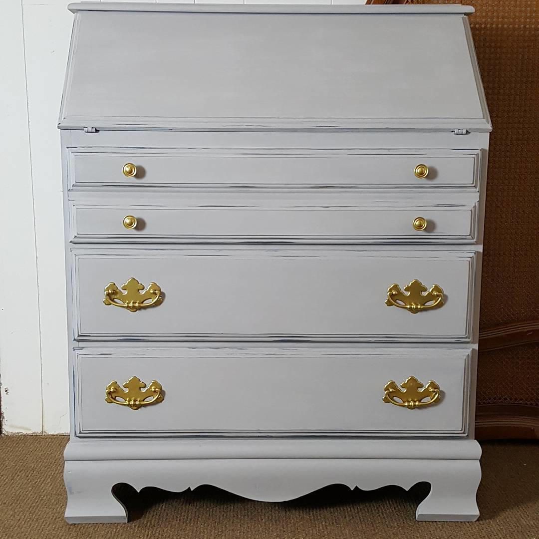 Small Secretary desk with three drawers / Grey desk painted with ...