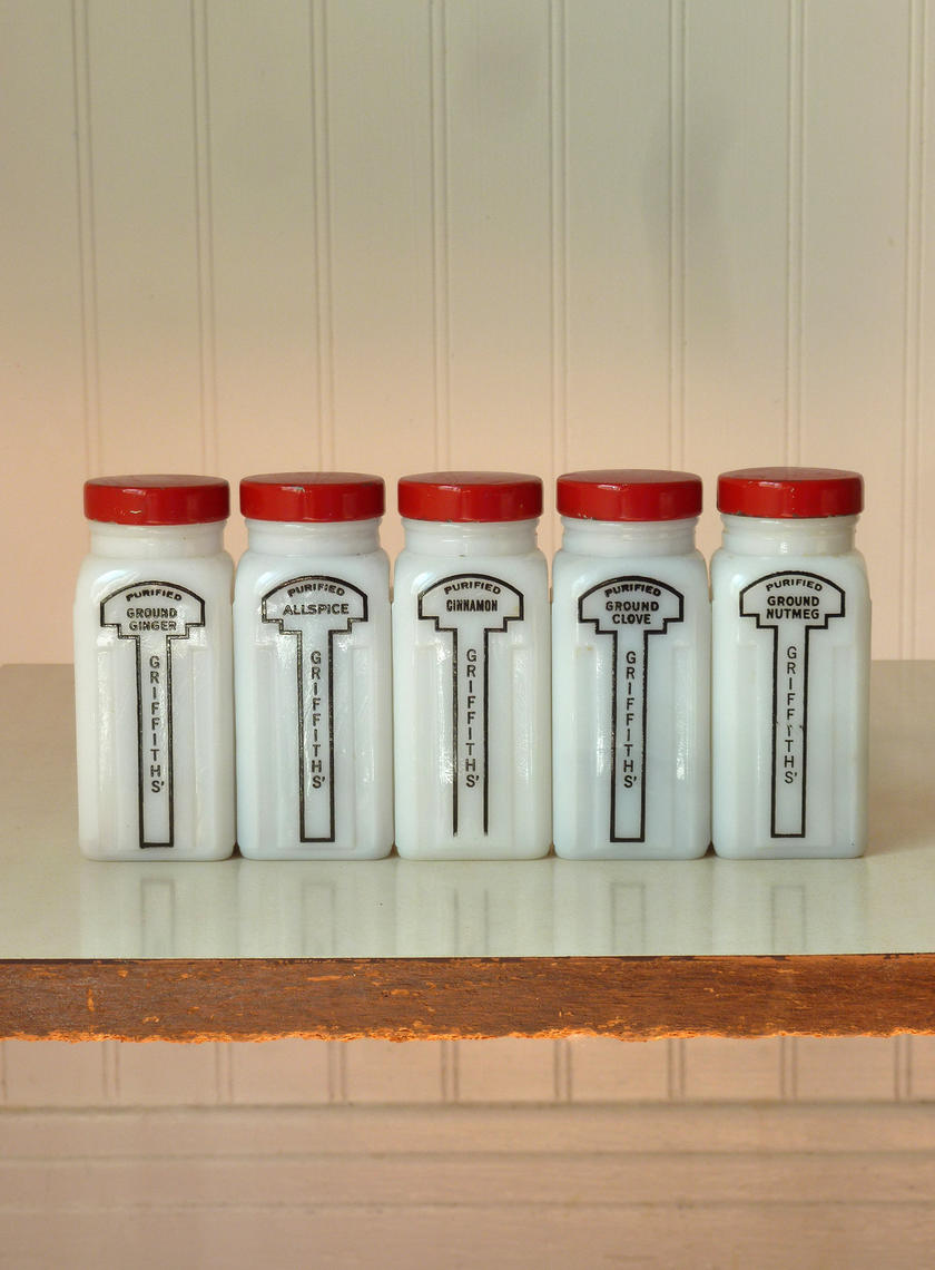 Vintage Art Deco Milk Glass Spice Jars by Griffith Laboratories | Fly ...