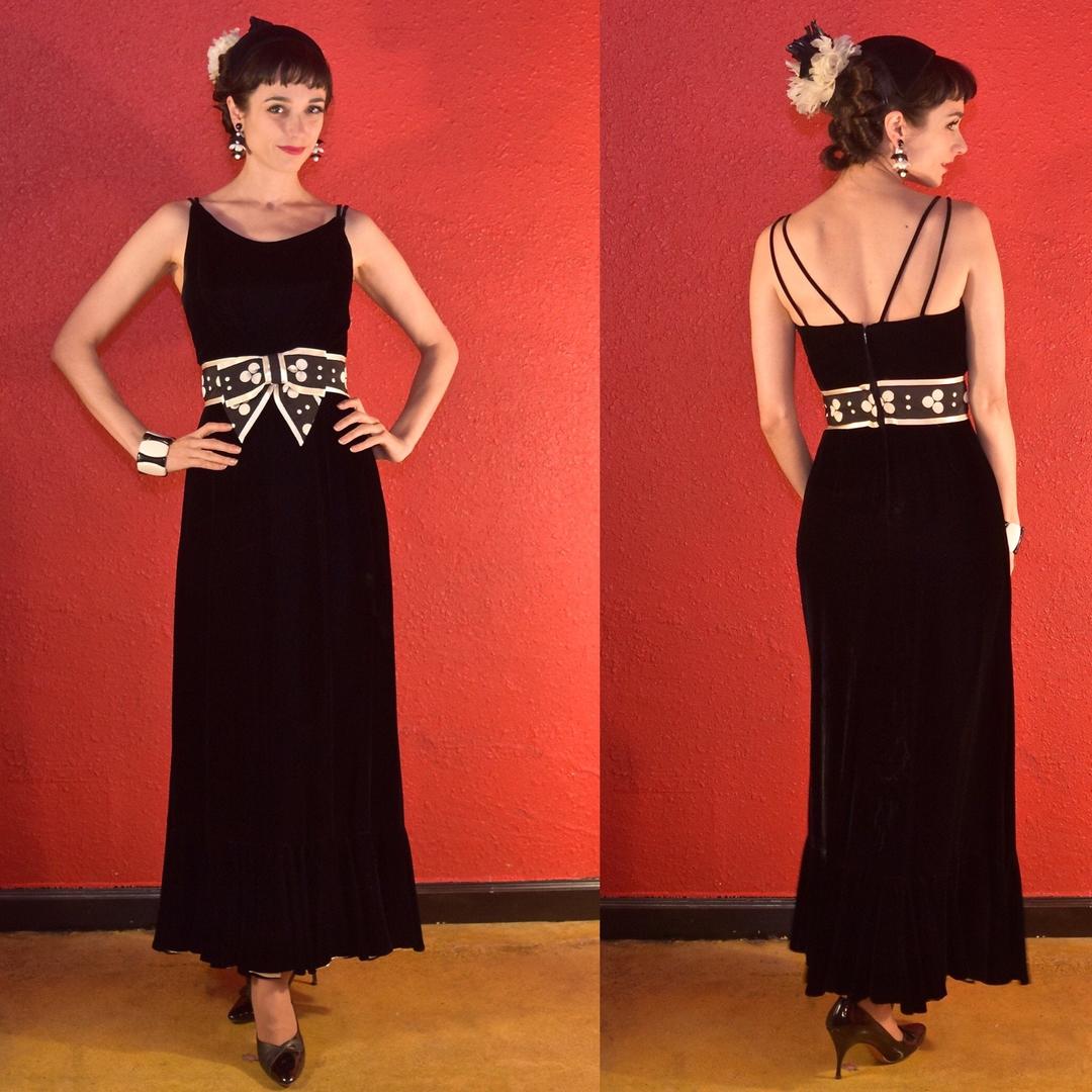 1960s Black Velvet Gown Black & White Bow by Sandine Original | The ...