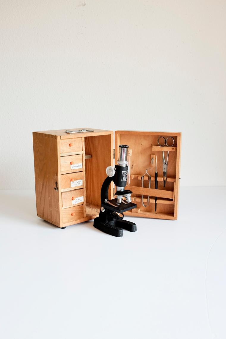 Vintage Perfect Mini Microscope, Original Wood Box, MCM small ...