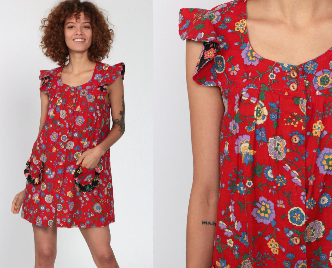 Floral Tent Dress 70s MICRO Mini Boho Red Flutter Sleeve | Shop Exile ...