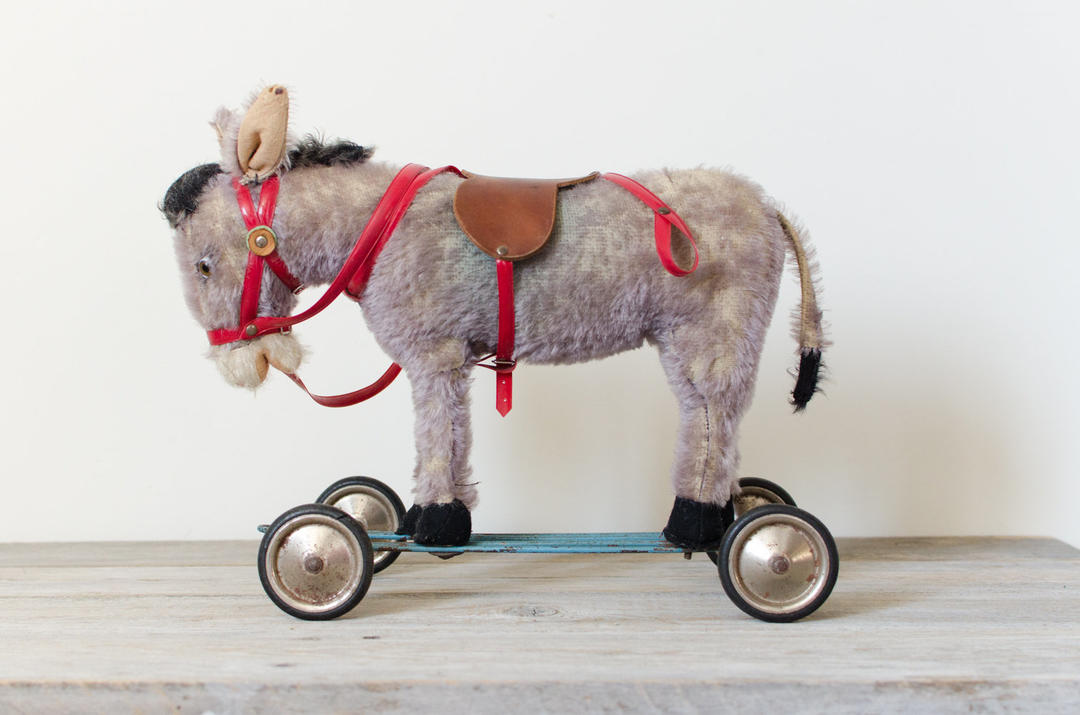 Antique Fluffy STEIFF Mohair Ride on Donkey On Wheels Toy 1900 | House ...