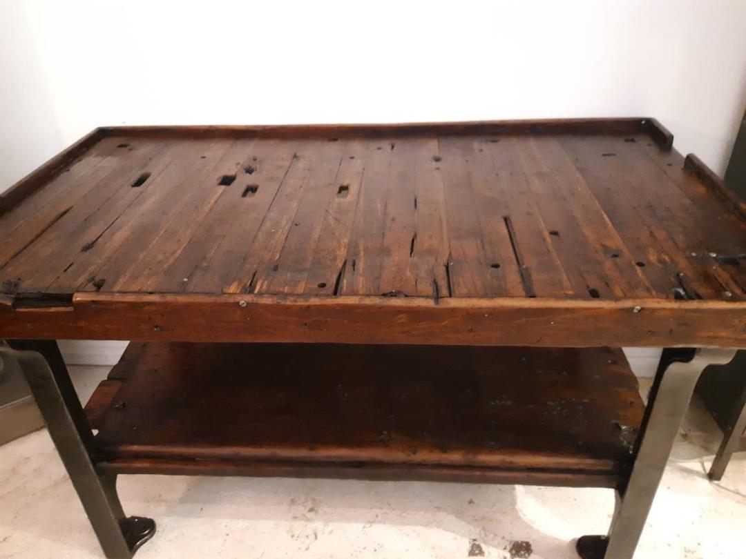 Vintage industrial factory work table with cast iron legs and | State ...