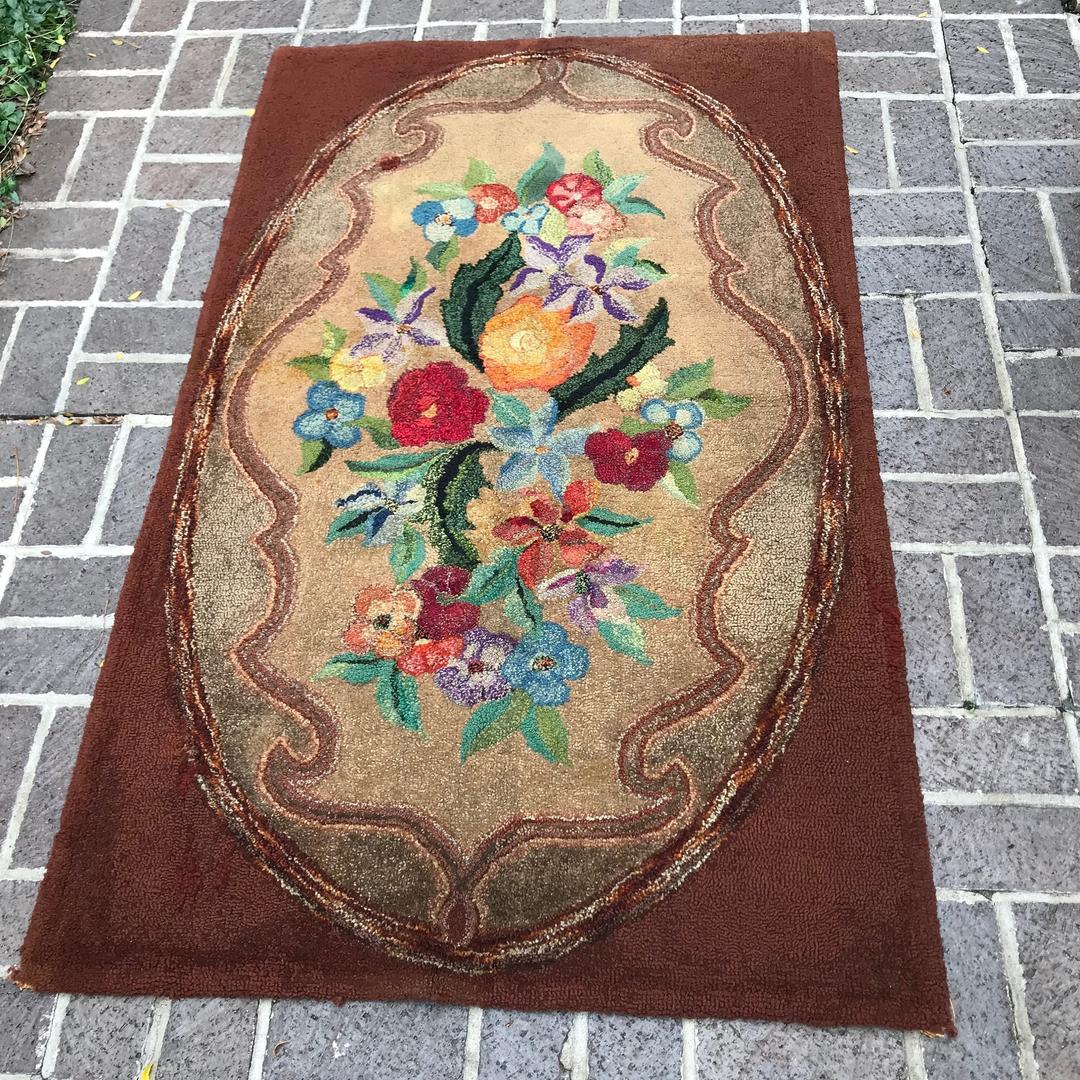Antique Floral Hooked Rug, Folk Art, Handmade, Colorful Floral Pattern ...