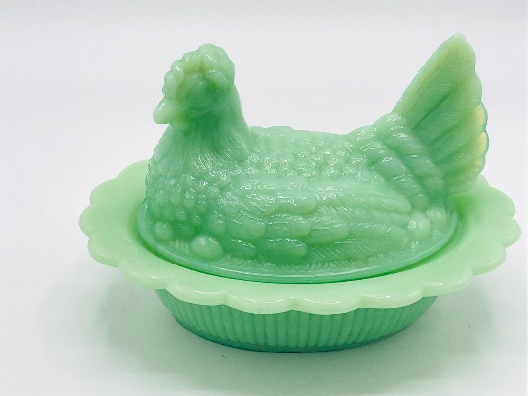 Vintage Fenton Glass Jadeite Green Chicken Hen On Nest Candy ...