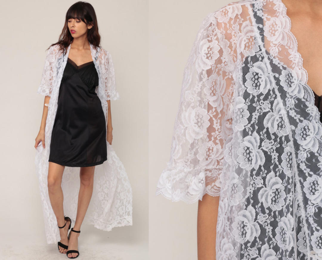 White Lace Robe Sheer Robe Long Lingerie Jacket 70s White | Shop Exile ...