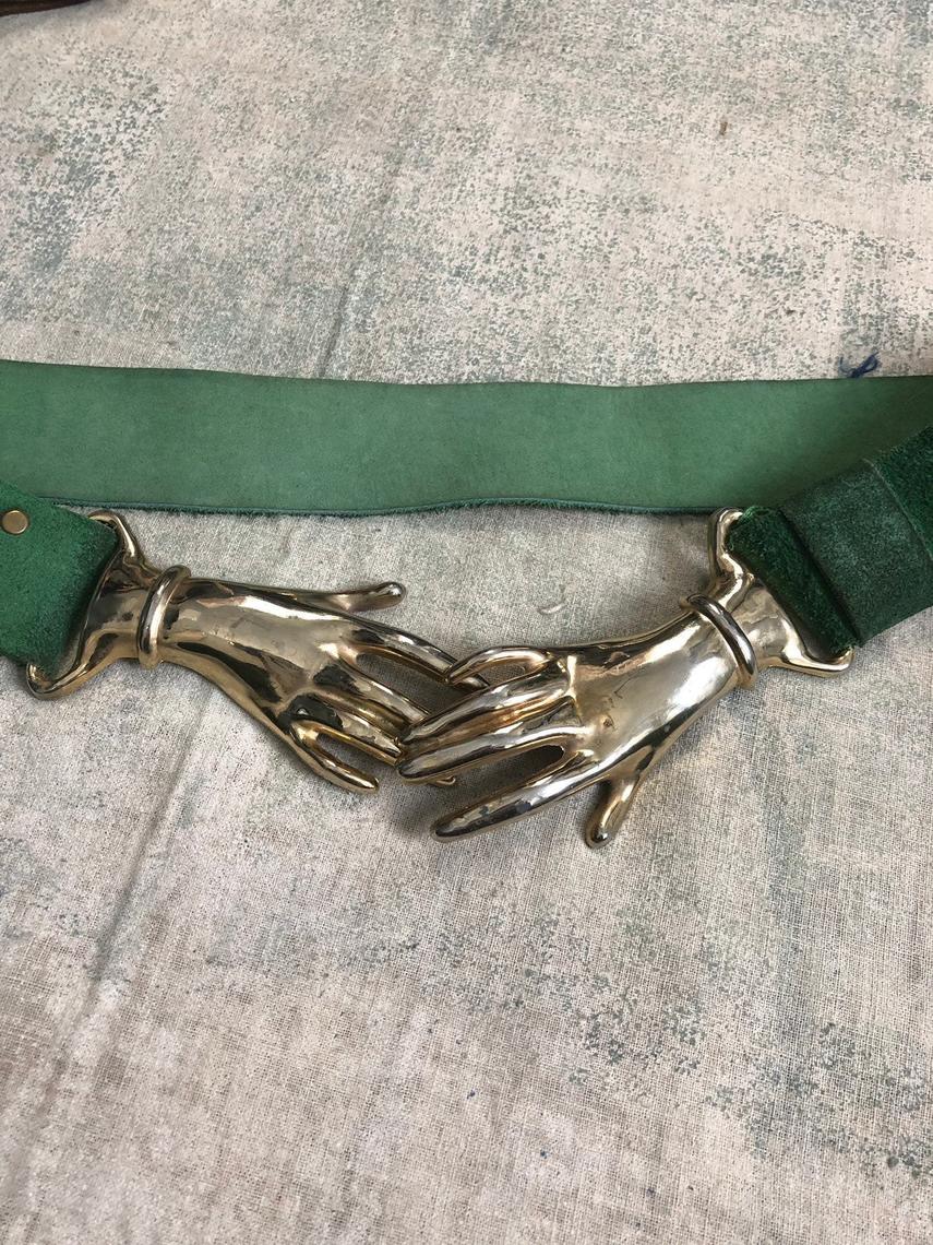 green CLASPED HANDS 70s gold metal & suede adjustable BELT rare ...