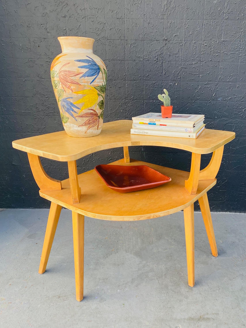 MCM Blonde 2 Tier Corner Table | Revival Vintage | North Loop - Austin, TX