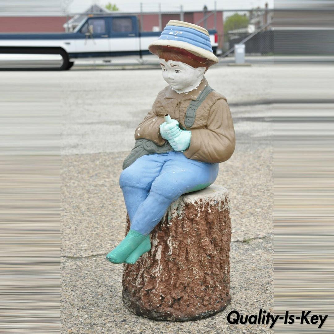 Vtg Concrete Boy Fishing Seated on Tree Stump Garden Statue | Quality ...