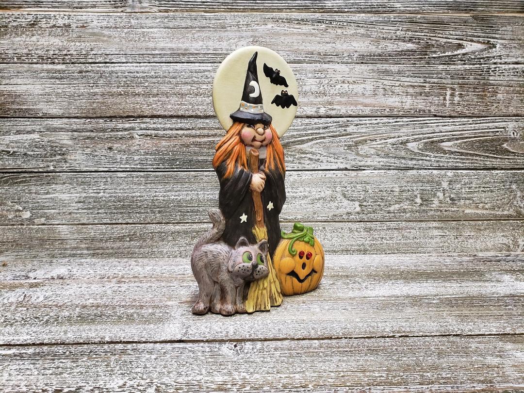 Vintage Ceramic Witch, Full Moon Pumpkin Witches Broom Flying Bats, | A ...