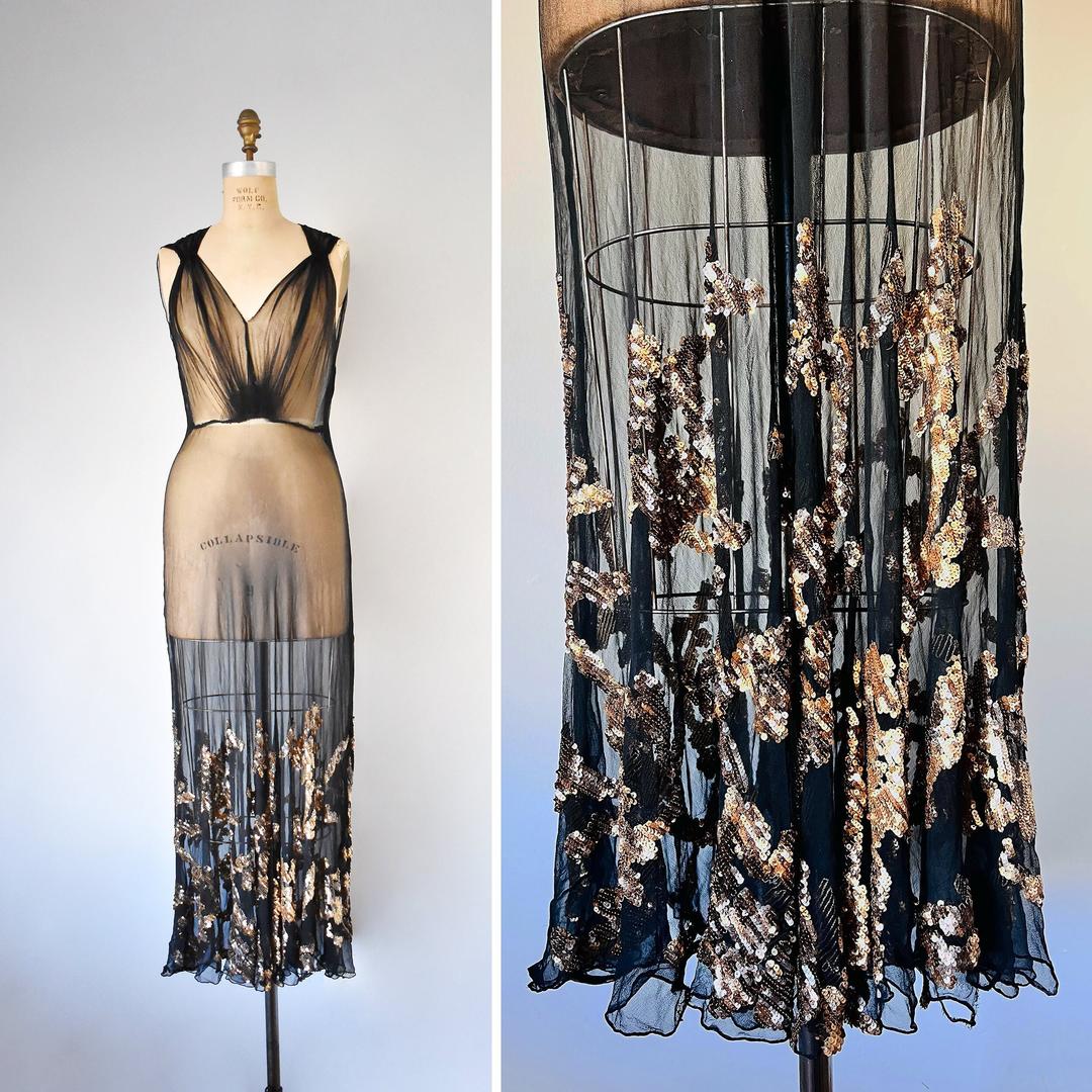 Harlow georgette 1930s dress, gold sequins evening gown, vintage ...