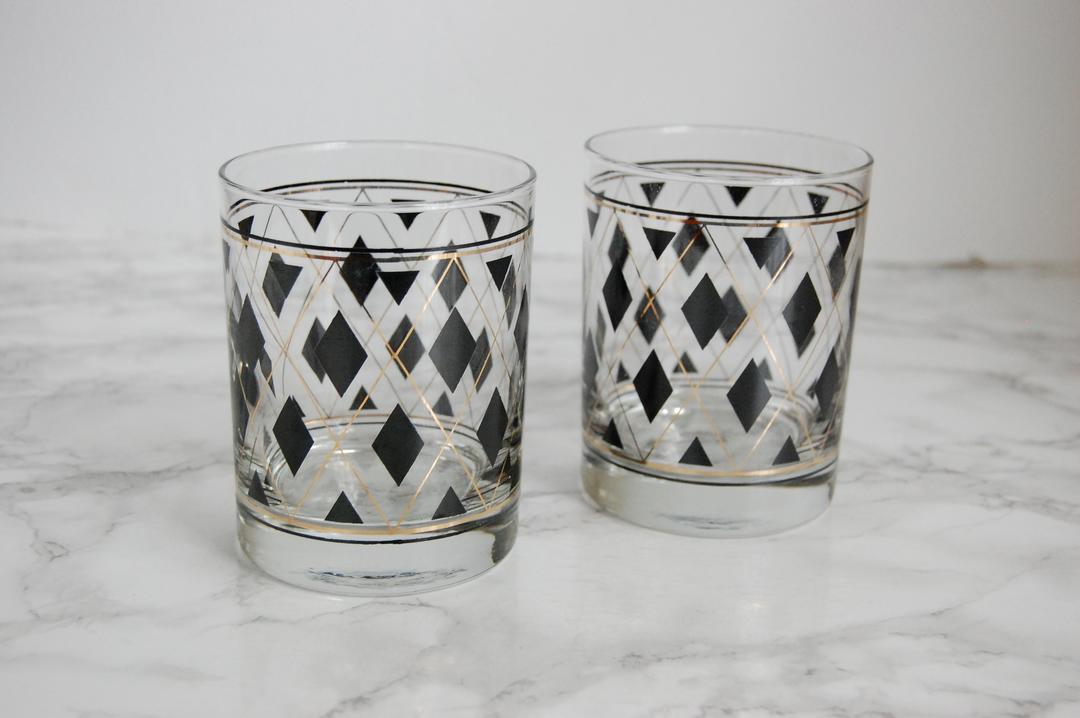 Vintage Lowball Glasses -Black Gold Diamond Rocks Glasses - Vintage ...