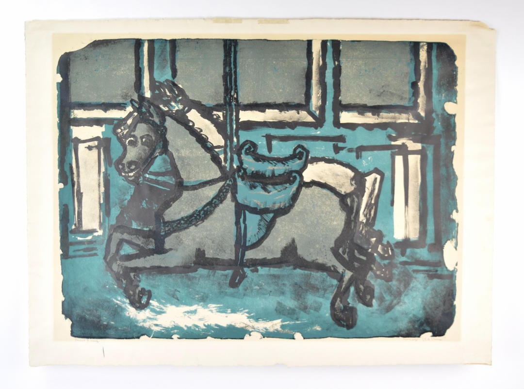 Max Kahn Lithograph Carousel Horses in Blue Original Signed Trial ...