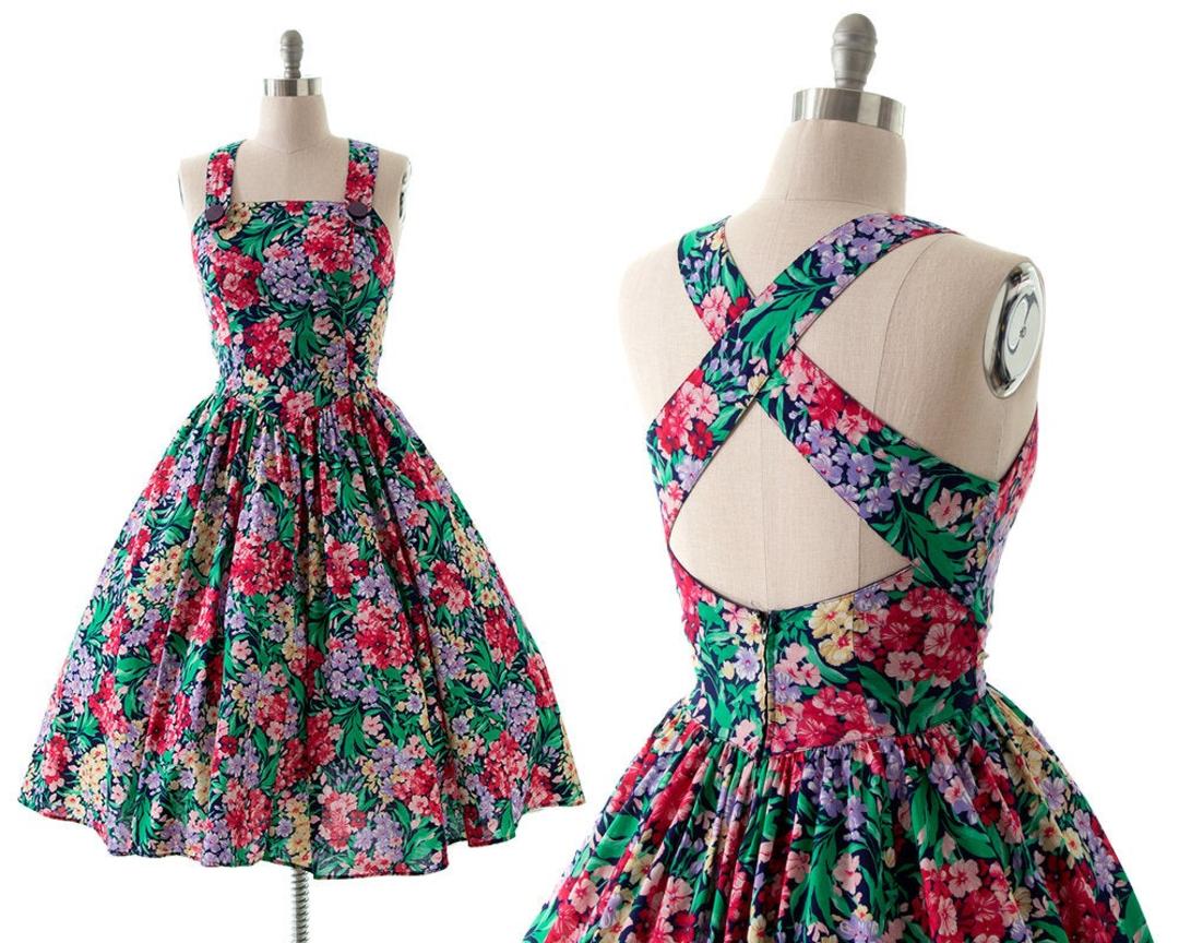 Vintage 1980s Sundress | 80s Floral Printed Cotton Criss Cross Buttoned ...