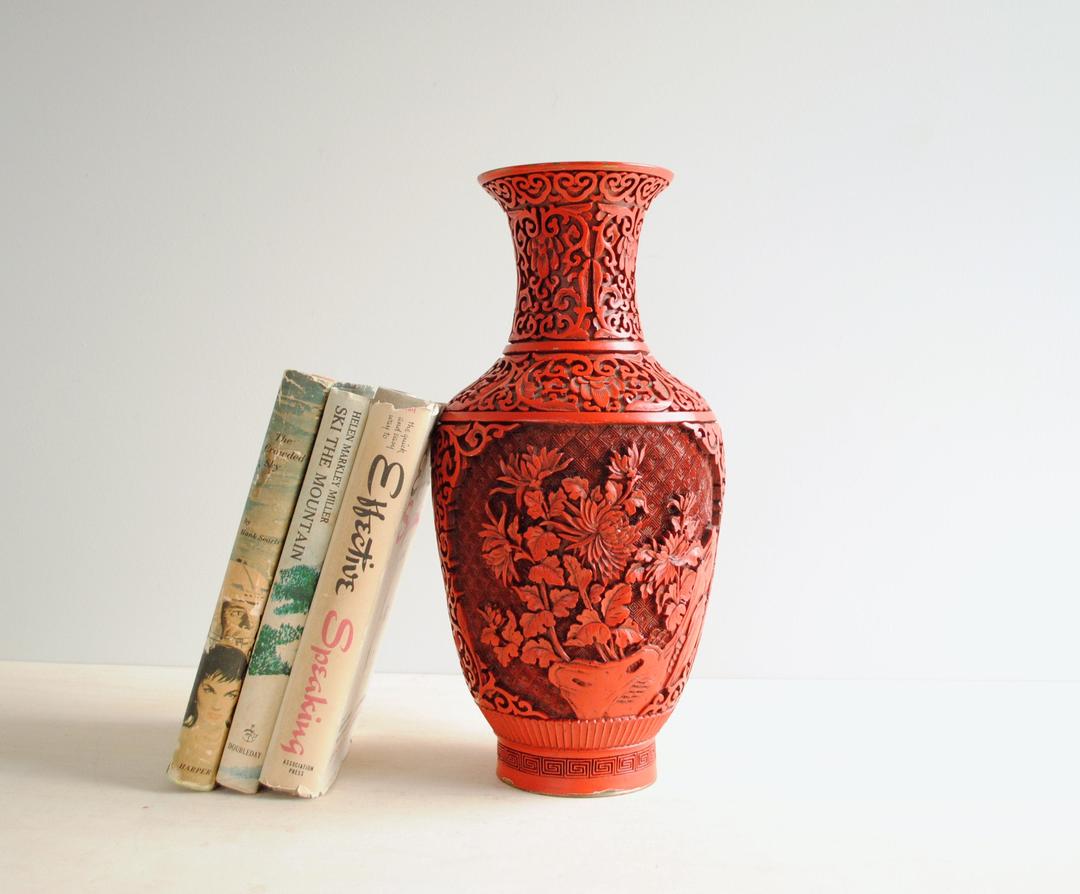 Vintage Chinese Cinnabar Red Vase, Large Carved Lacquer and Brass ...