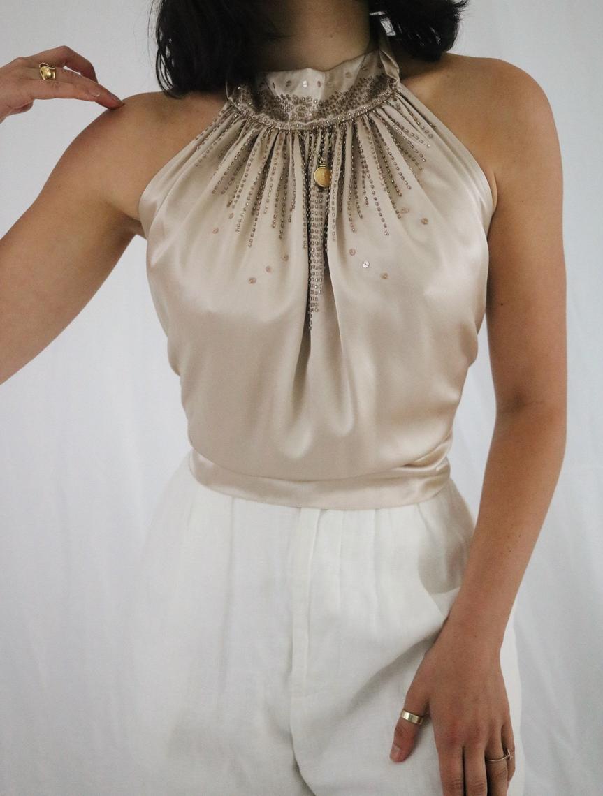 Vintage Charmeuse Liquid Silk Halter Open Back Tie Top - | Lady L ...