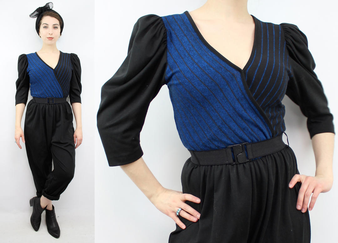Vintage 80's Black and Blue Jumpsuit / 1980's Sweatsuit Jumpsuit / Puff ...
