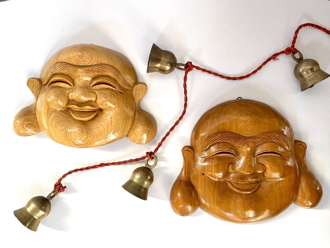 Vintage Hand Carved Laughing Buddha Head Wall Hanging | The Brass Fig ...