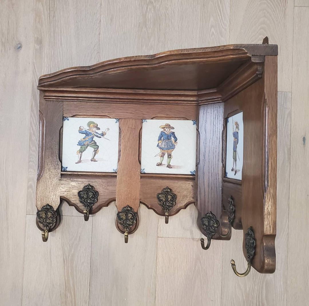 Antique Dutch Delft Tile Oak Wall Hanging Corner Shelf Coat & | Lynx Hollow Antiques | Forney, TX