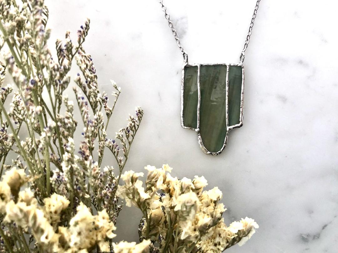 Art Deco Army Green Stained Glass Necklace | Stained Glass Jewelry ...