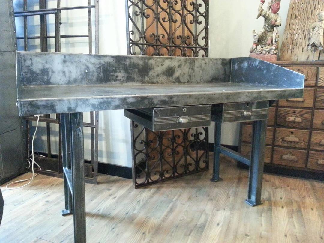 Vintage industrial stripped steel factory table with cast iron legs ...