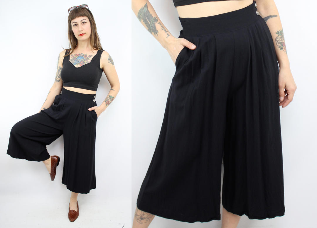 Vintage 90's Black Rayon Culottes / 1990's High Waisted Culottes with ...