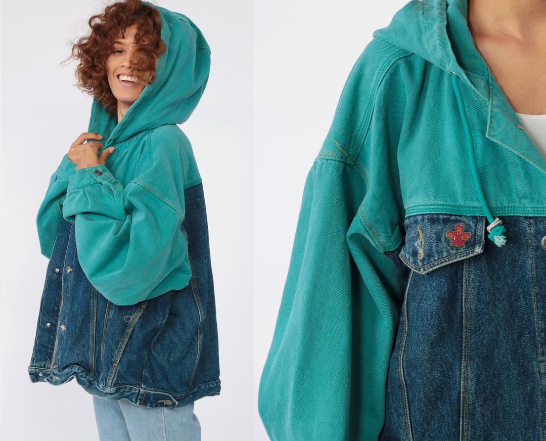 Hooded Jean Jacket Denim Jacket Color Block Grunge Jacket 90s | Shop ...