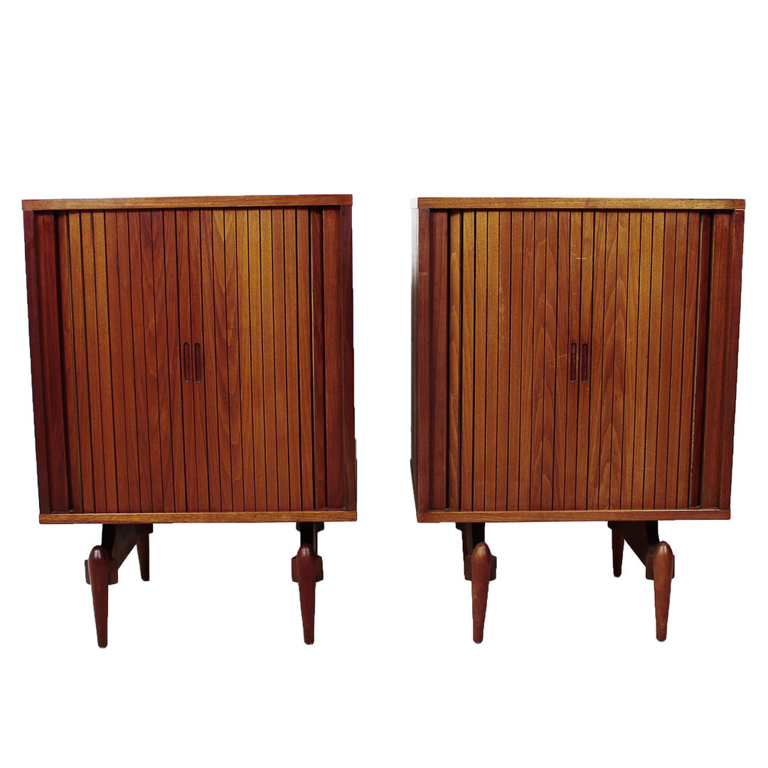Pair of Tall Tambour Walnut Night Stands w/ Atomic Legs | Modern Mobler ...
