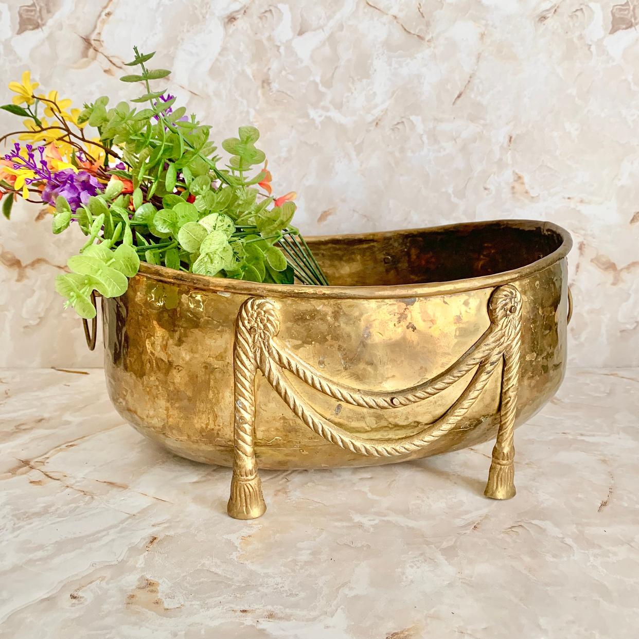 Large Brass Planter, Lion Handles, Footed Base, Hammered, | Gab About ...