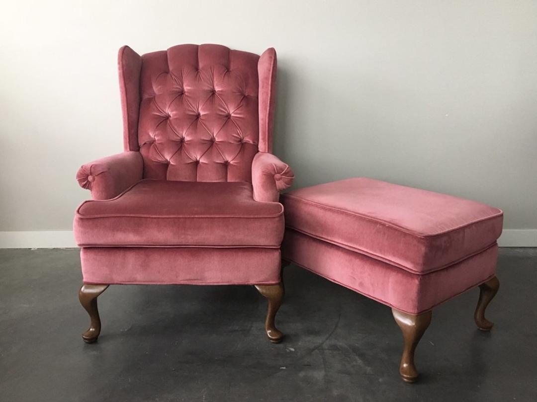 vintage tufted pink wingback chair + ottoman | ReRunRoom | Seattle, WA