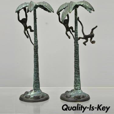 Pair Cast Bronze Figural Tropical Monkey Palm Tree Figure Table ...