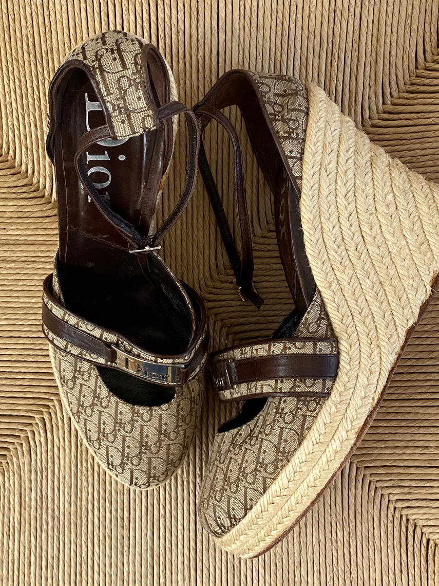 Vintage CHRISTIAN DIOR Monogram Logo Espadrille Wedge Sandals Heels ...