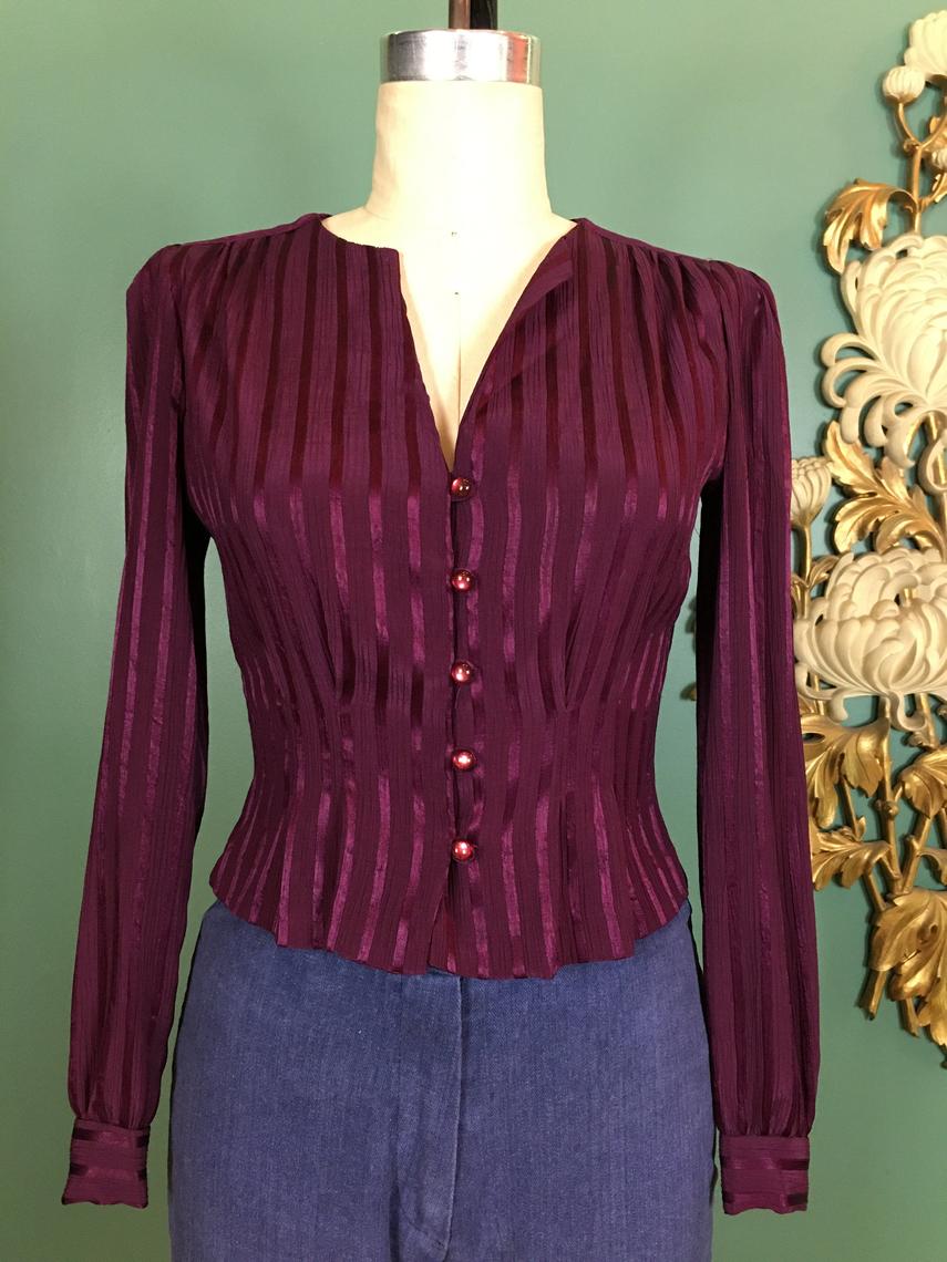 1980s fitted blouse, purple striped blouse, vintage 80s blouse, size ...