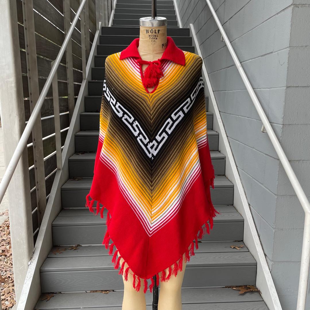 1970's Red Yellow and Black Poncho | Bloomers and Frocks | Austin, TX