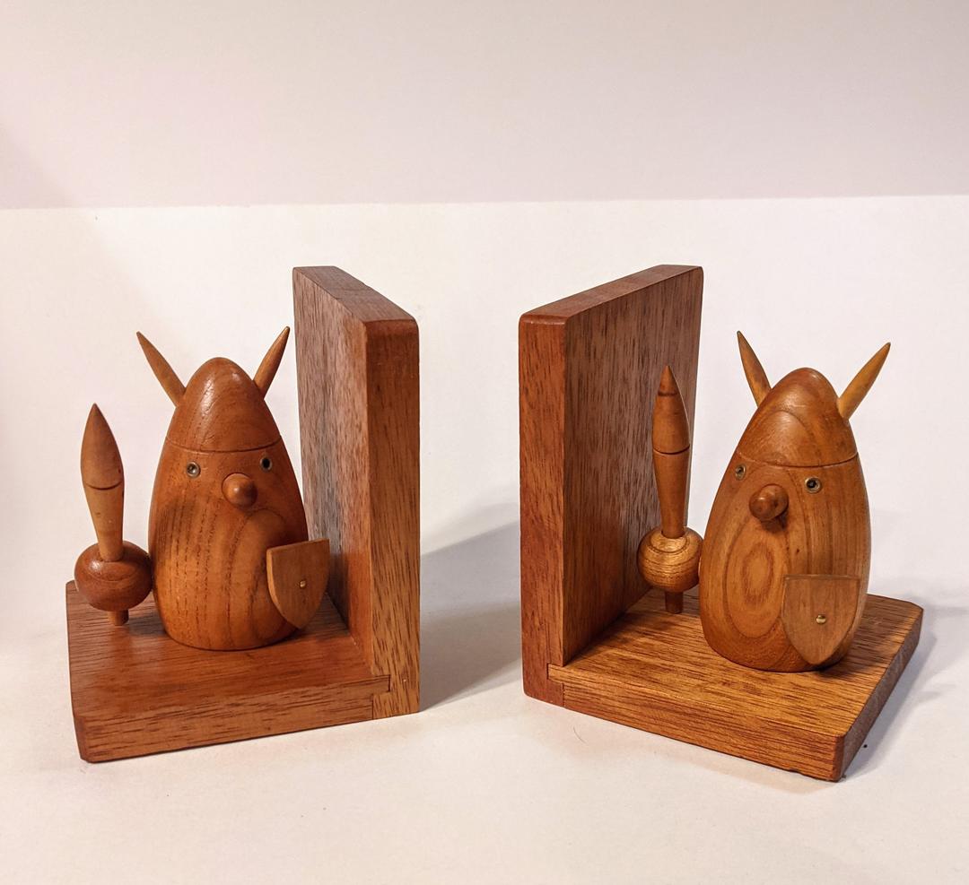 Teak VIKING BOOKENDS 5in Danish Modern Wood Vikings Horns Shields ...