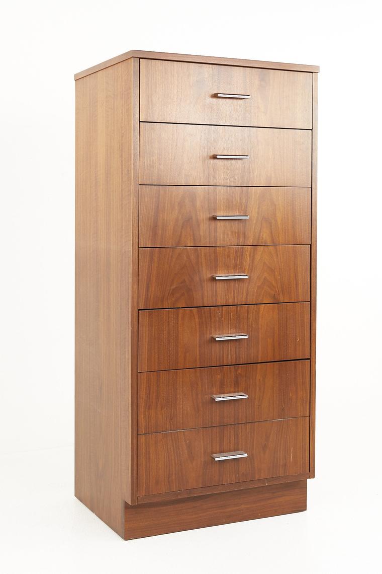 Dixie Mid Century Walnut and Chrome Thin 7 Drawer Highboy Dresser ...