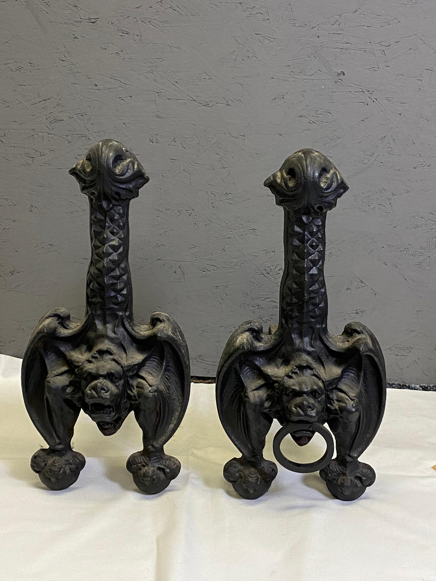 Vintage Pair Gargoyle Fireplace Andirons Cast Iron Black Antique Gothic ...