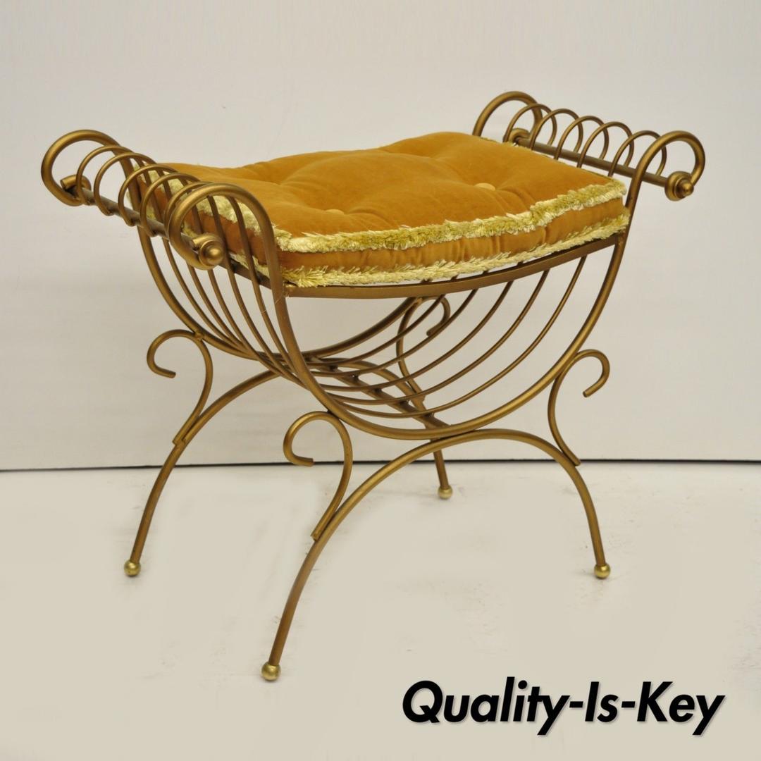 Italian Hollywood Regency Gold Curule Wrought Iron X-Frame Vanity Bench ...