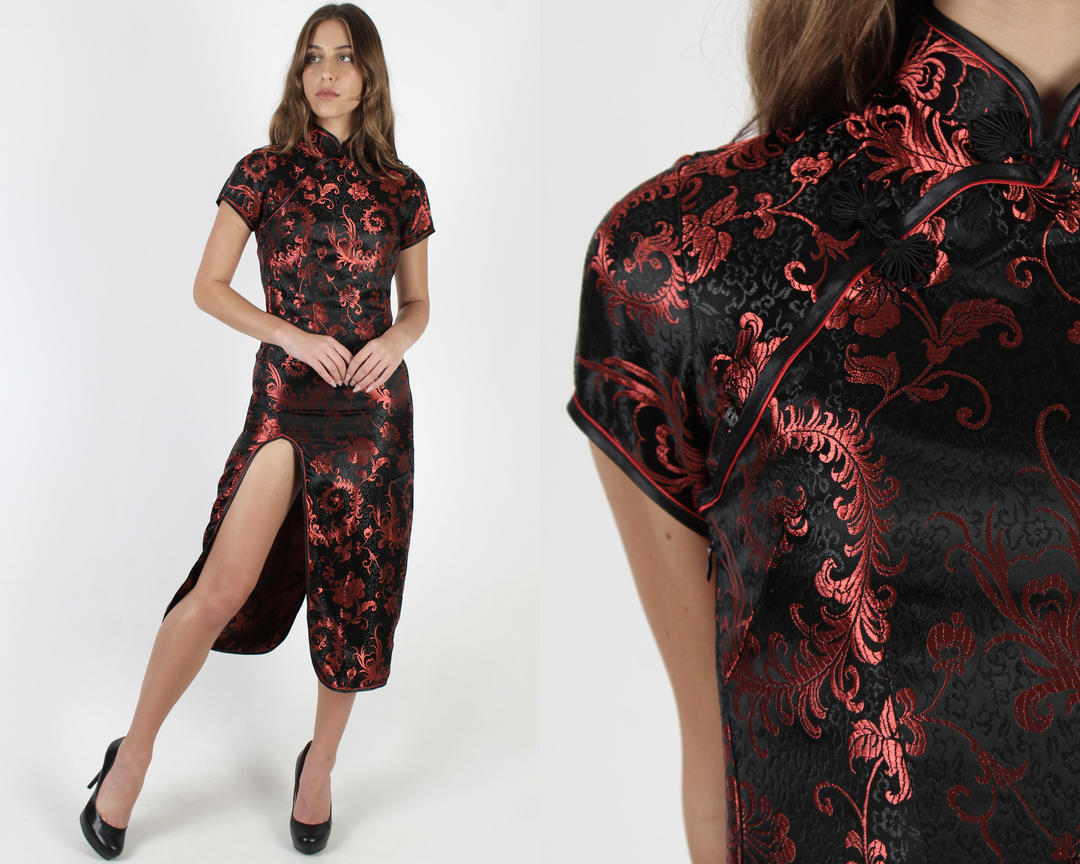 Mandarin Style Black Dress / Vintage 80s Asian Floral Chinese High ...