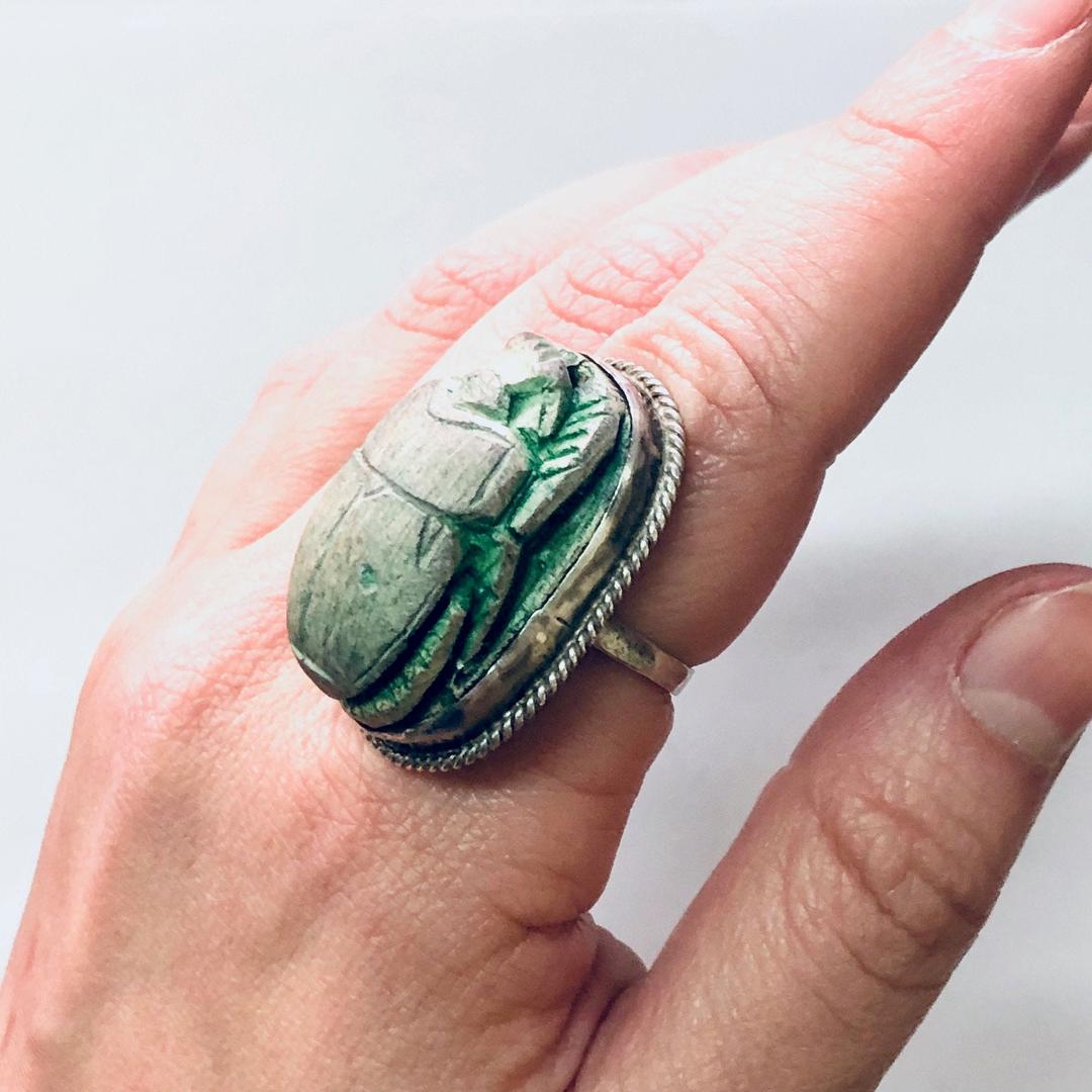 Vintage Ring, Silver Ring, Scarab Ring, Green Scarab, Wooden Scarab ...